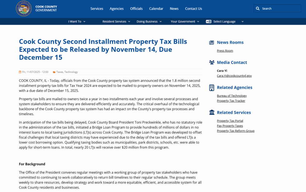 Cook County Second Installment Property Tax Bills Expected to be ...